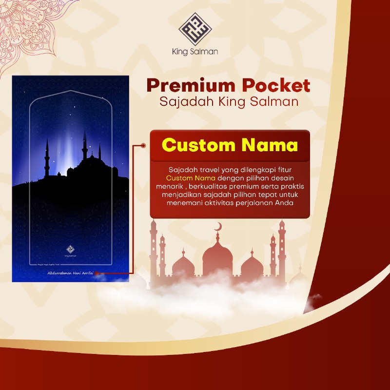 King Salman Premium Pocket Sajadah Custom Nama Ukuran Medium (King Sal ...